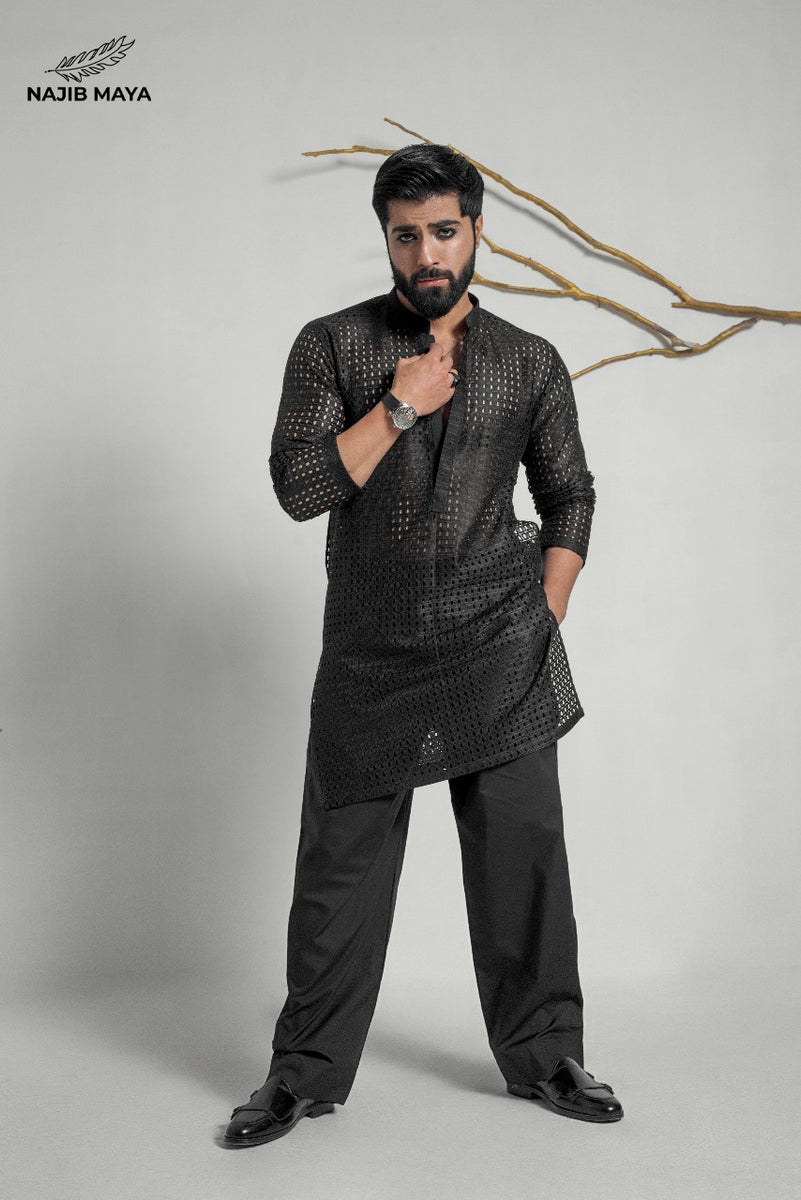 Black Elegant Net Style Kurta With Dhaka Pajama For Men's – Najib Maya
