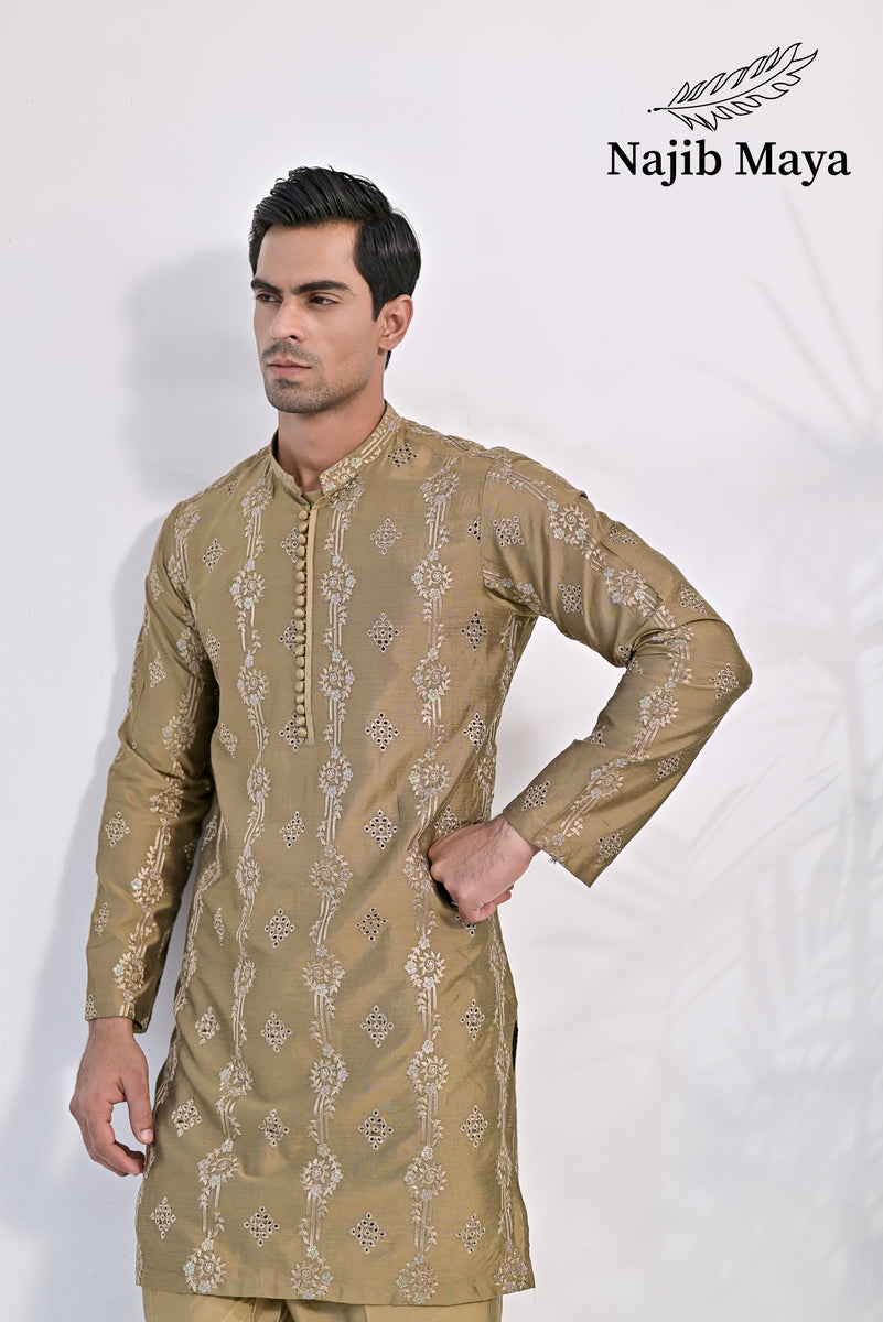 Mate Gold Embroidered Kurta Pajama For Men's – Najib Maya