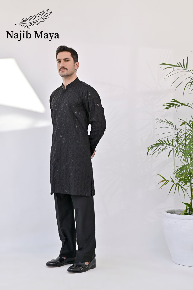 Black Front Open Embroidered Kurta with Bell Bottom pajama For Men's ...