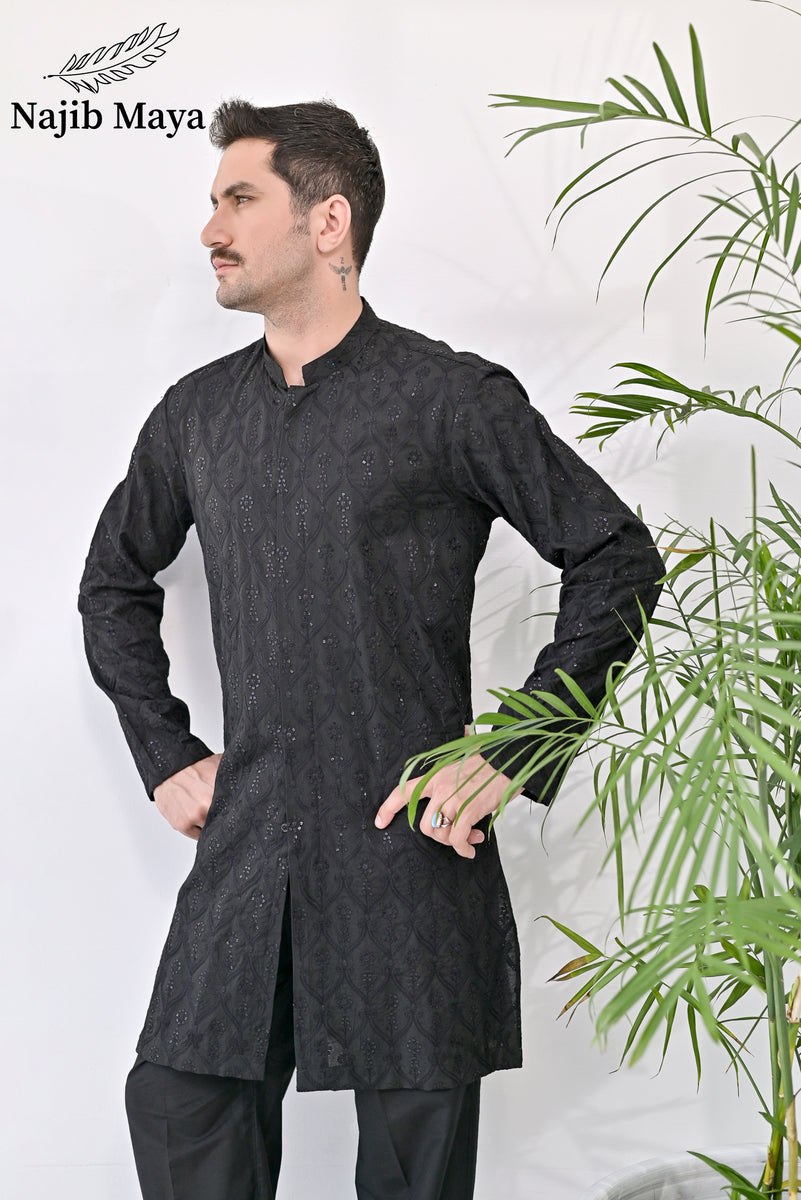 Black Front Open Embroidered Kurta with Bell Bottom pajama For Men's ...