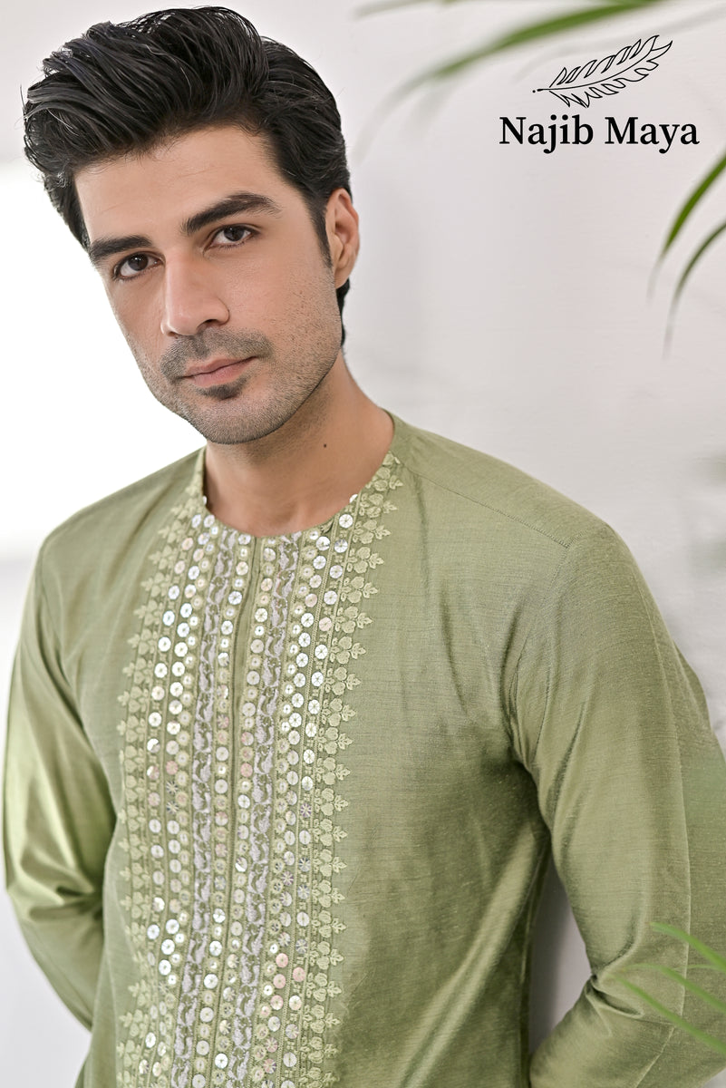 Pista Green Embroidered Kurta with Bell Bottom pajama For Men's – Najib ...