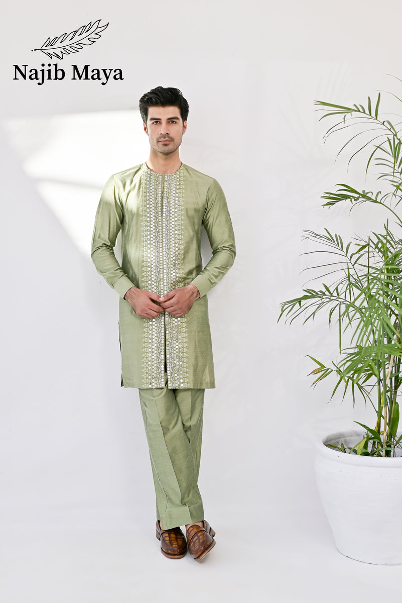 Pista Green Embroidered Kurta with Bell Bottom pajama For Men's – Najib ...