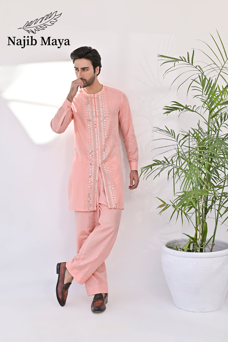 Peach Pink Embroidered Kurta with Bell Bottom pajama For Men's – Najib Maya