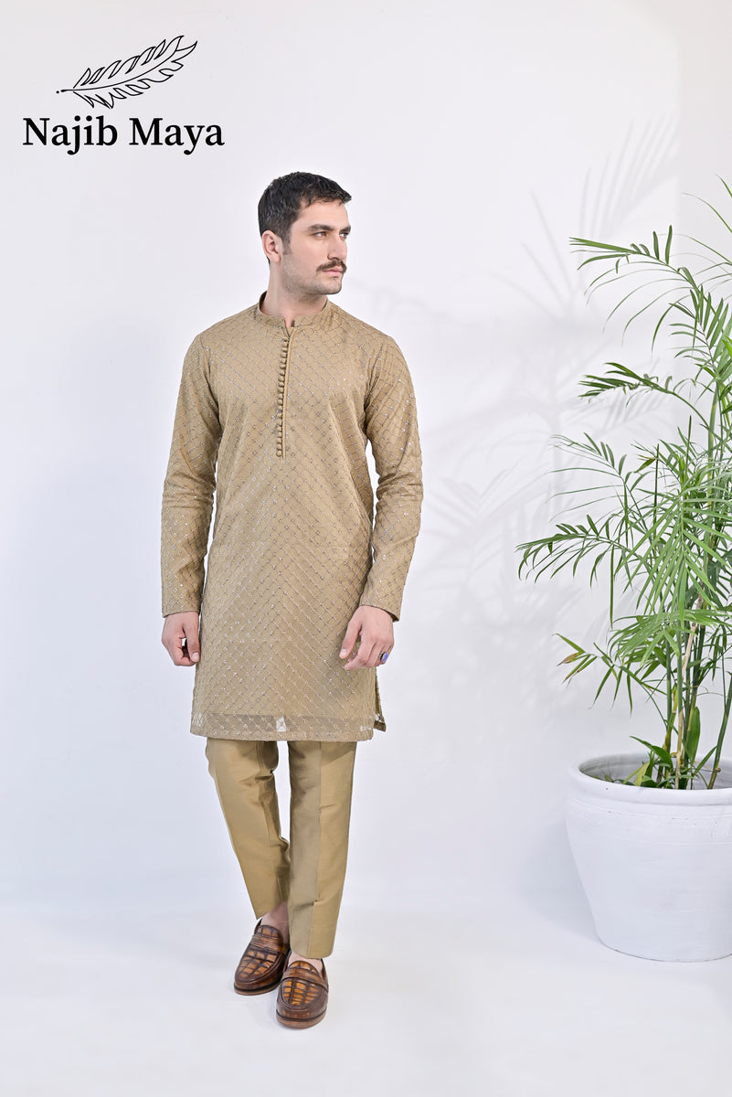 Mate Gold Embroidered Kurta pajama For Men's – Najib Maya