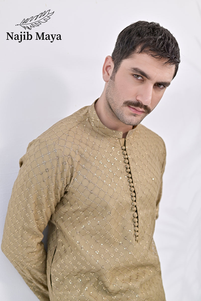 Mate Gold Embroidered Kurta pajama For Men's – Najib Maya