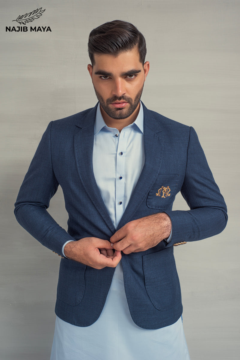 Blue Texture Casual Coat + Ice Blue Shalwar Kameez For Men's – Najib Maya