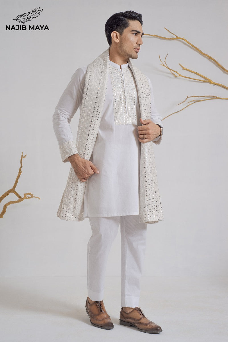 White Stylish Kurta Pajama + Shawl For Men's – Najib Maya