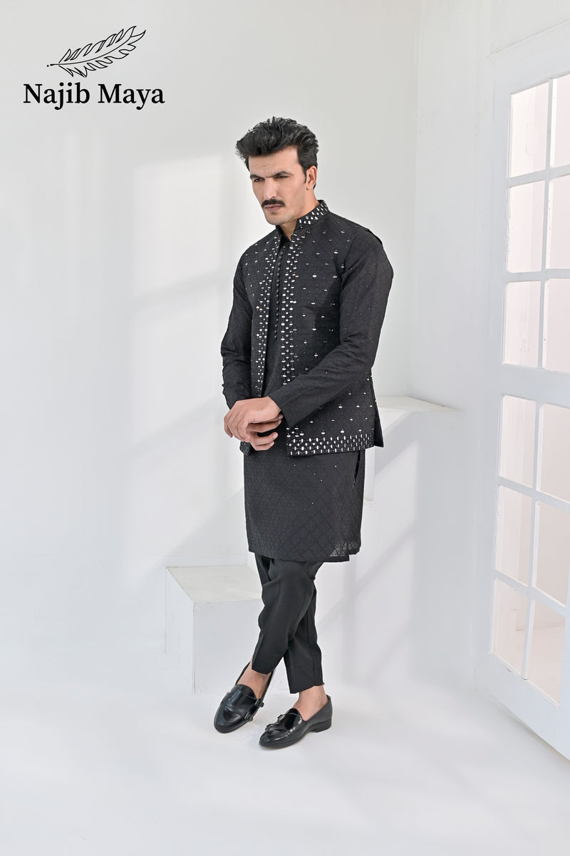 Black Embroidery + Mirror Work Waist Coat & Black Embroidery Kurta Paj ...