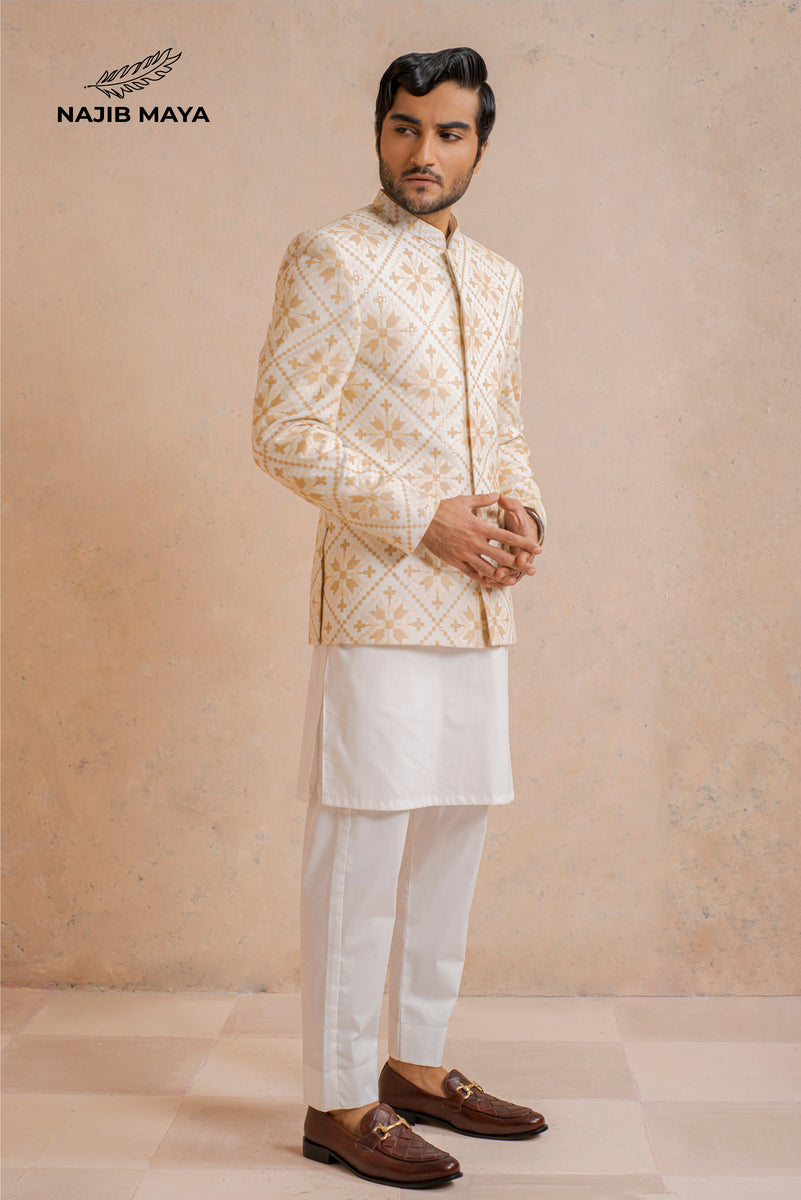 White & Cream Prince Coat + White Kurta Pajama For Men's – Najib Maya