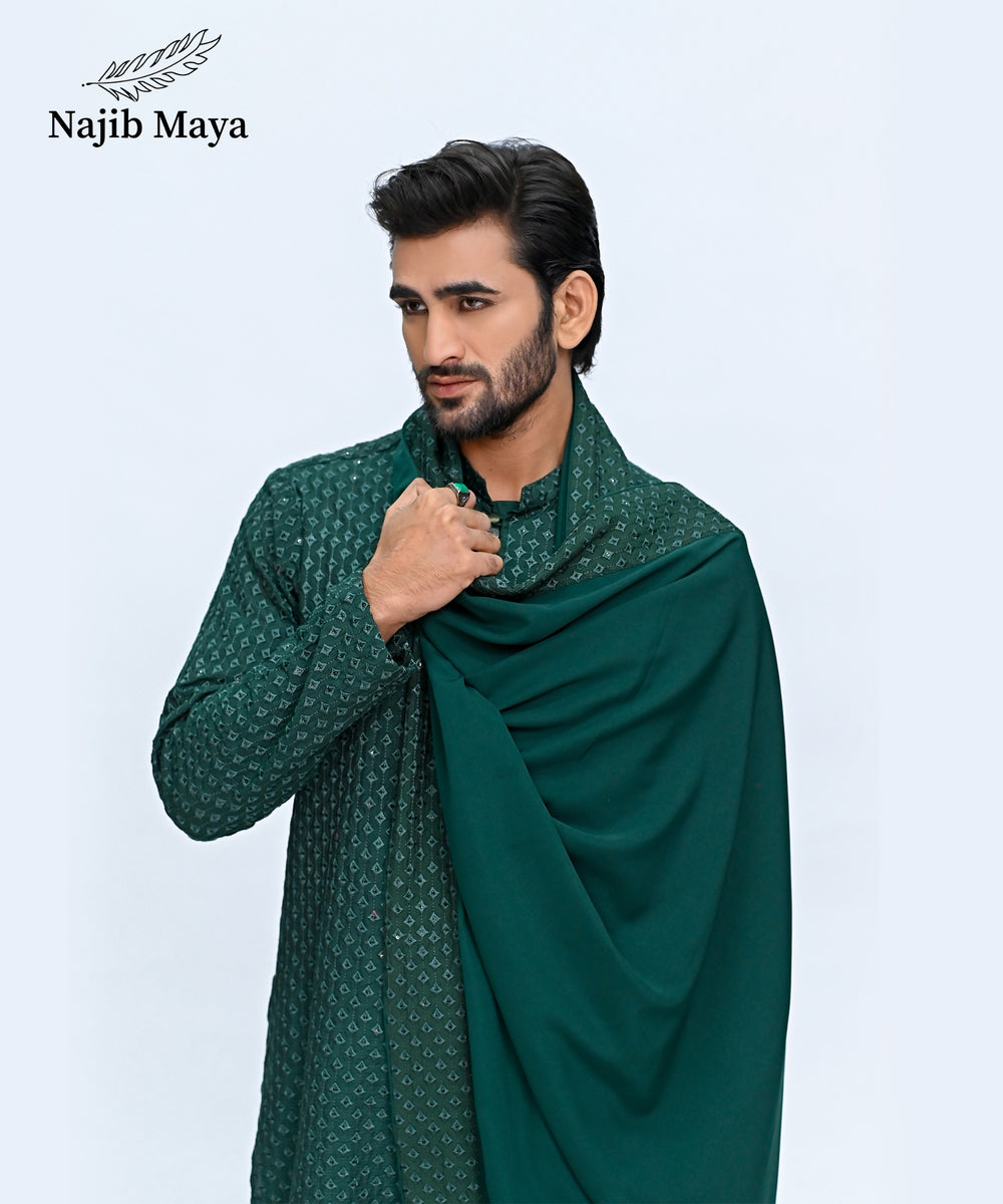 Green Embroidery Kurta Pajama + Shawl For Men's – Najib Maya