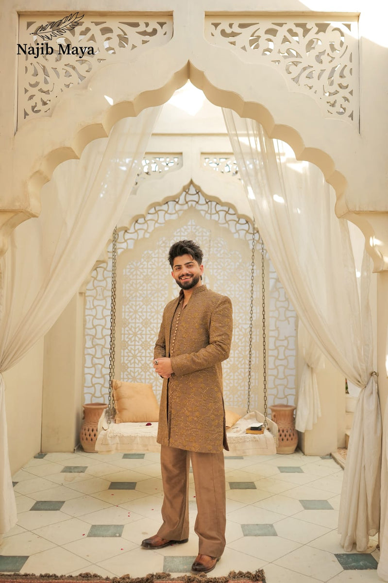 Beige Front Open Sherwani & Kurta With Bell Bottom Pajama For Men's ...