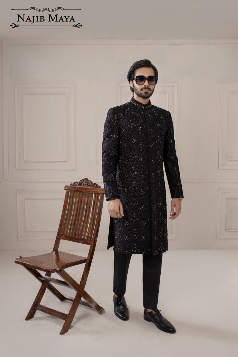 Black Embroidery Sherwani With Handwork For Men's – Najib Maya