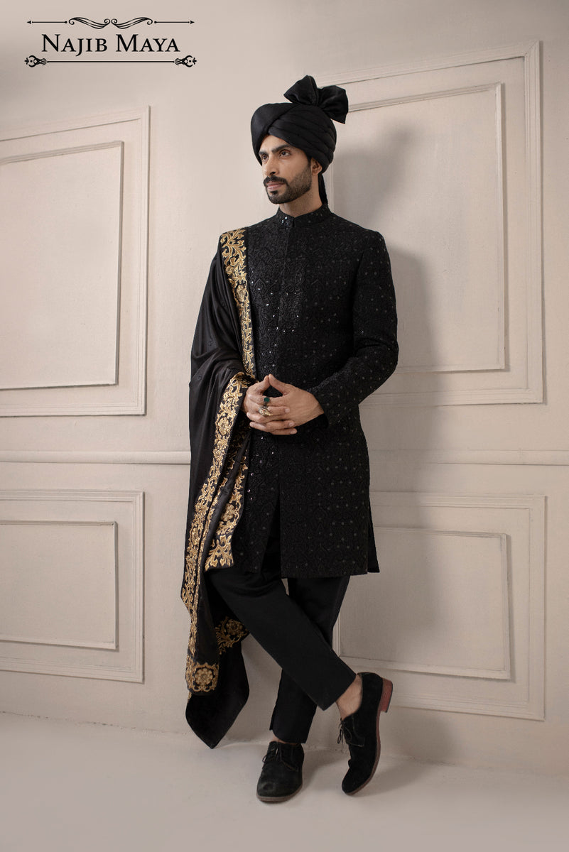 Black Embroidered Sherwani Jacket With Hand Touch For Men's – Najib Maya