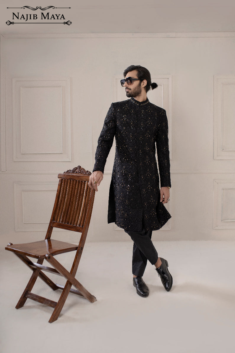 Black Embroidery Sherwani With Handwork For Men's – Najib Maya