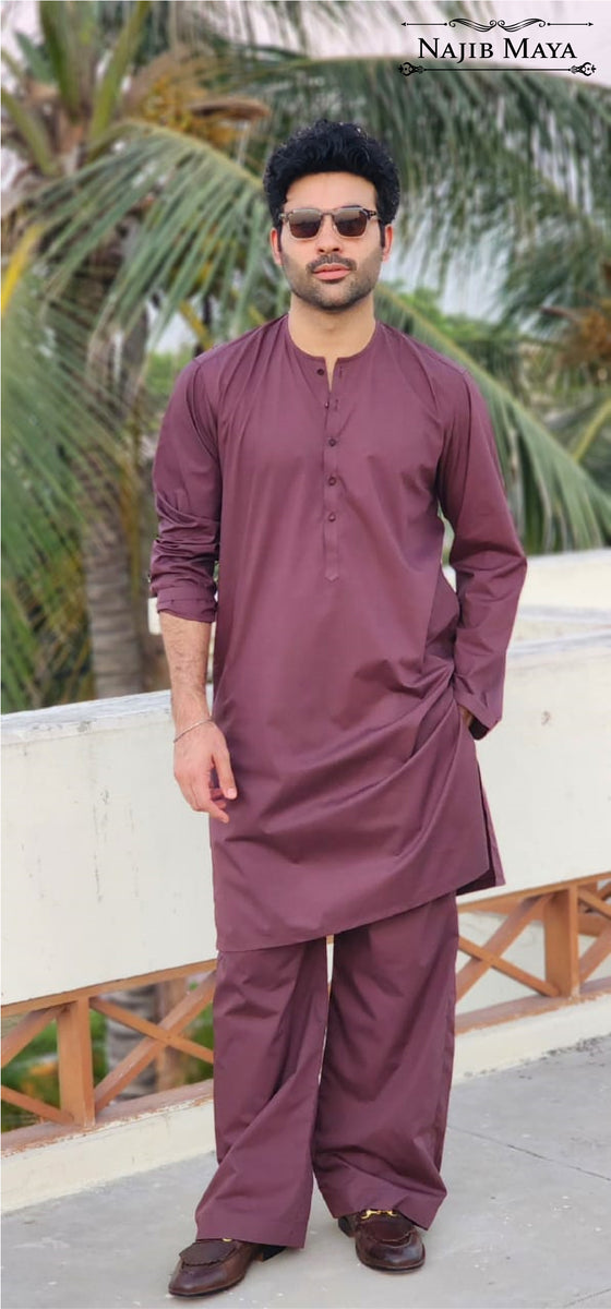 Burgundy Kurta With Bell Bottom Pajama For Men's – Najib Maya