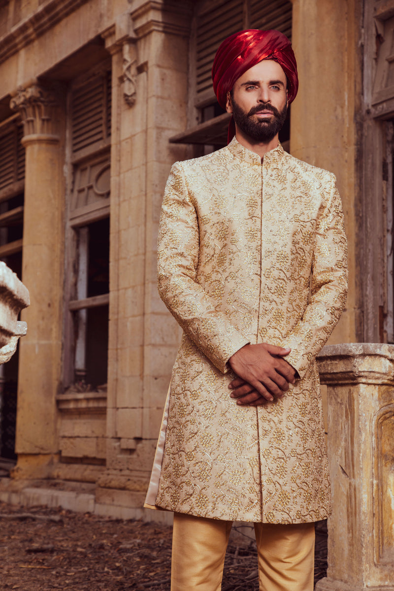 Beige & Golden Sherwani For Men's – Najib Maya