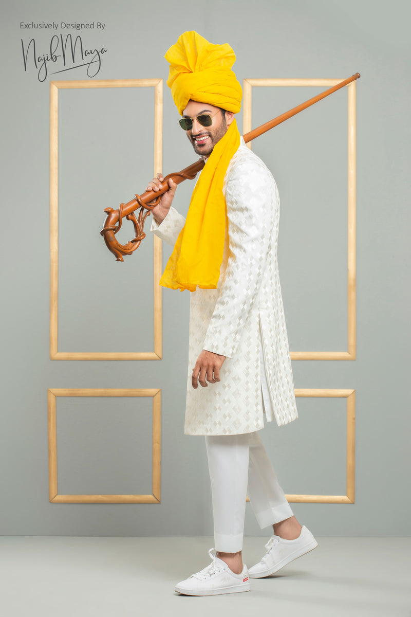 White Traditional Embroidered Sherwani With Yellow Turban For Men's ...